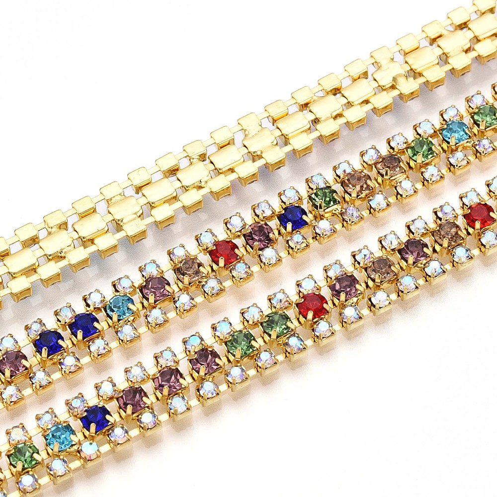 1Roll Iron Rhinestone Cup Chains with Spool Golden Colorful 8.5x3mm ...