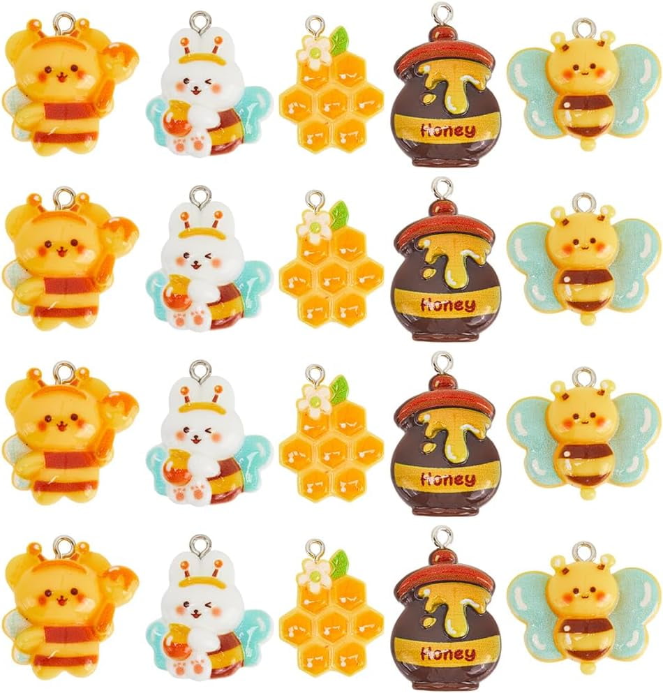 1Set 1 Box 20Pcs 5 Styles Bee Themed Charm Bees Resin Charms Bulk ...