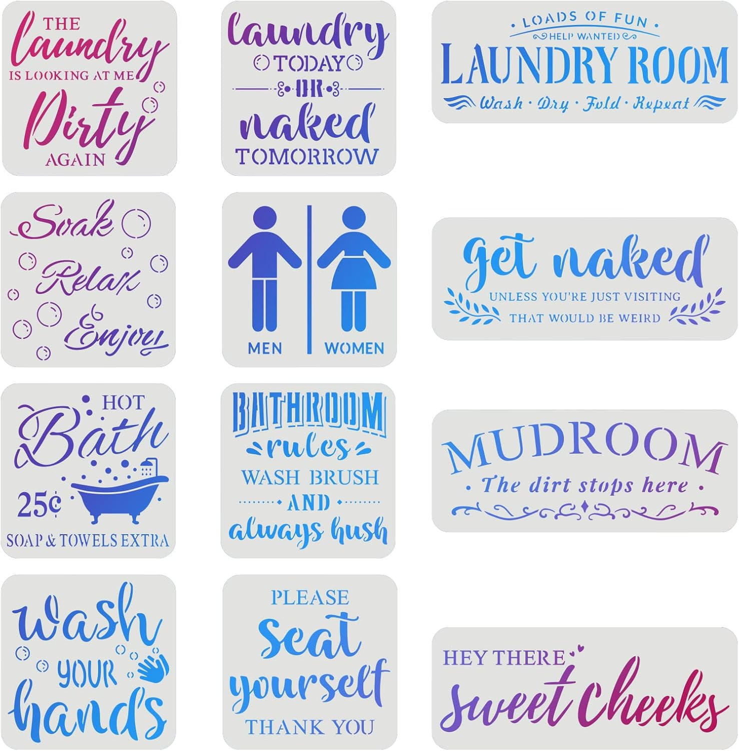 1Set 12 Pcs Laundry Stencils Plastic Bathroom Rules Drawing Painting Sets Laundry Words Template ...