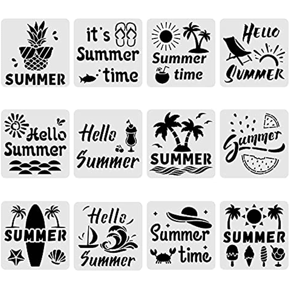 1Set 12PCS Summer Beach & Word Pattern Plastic Painting Templates ...