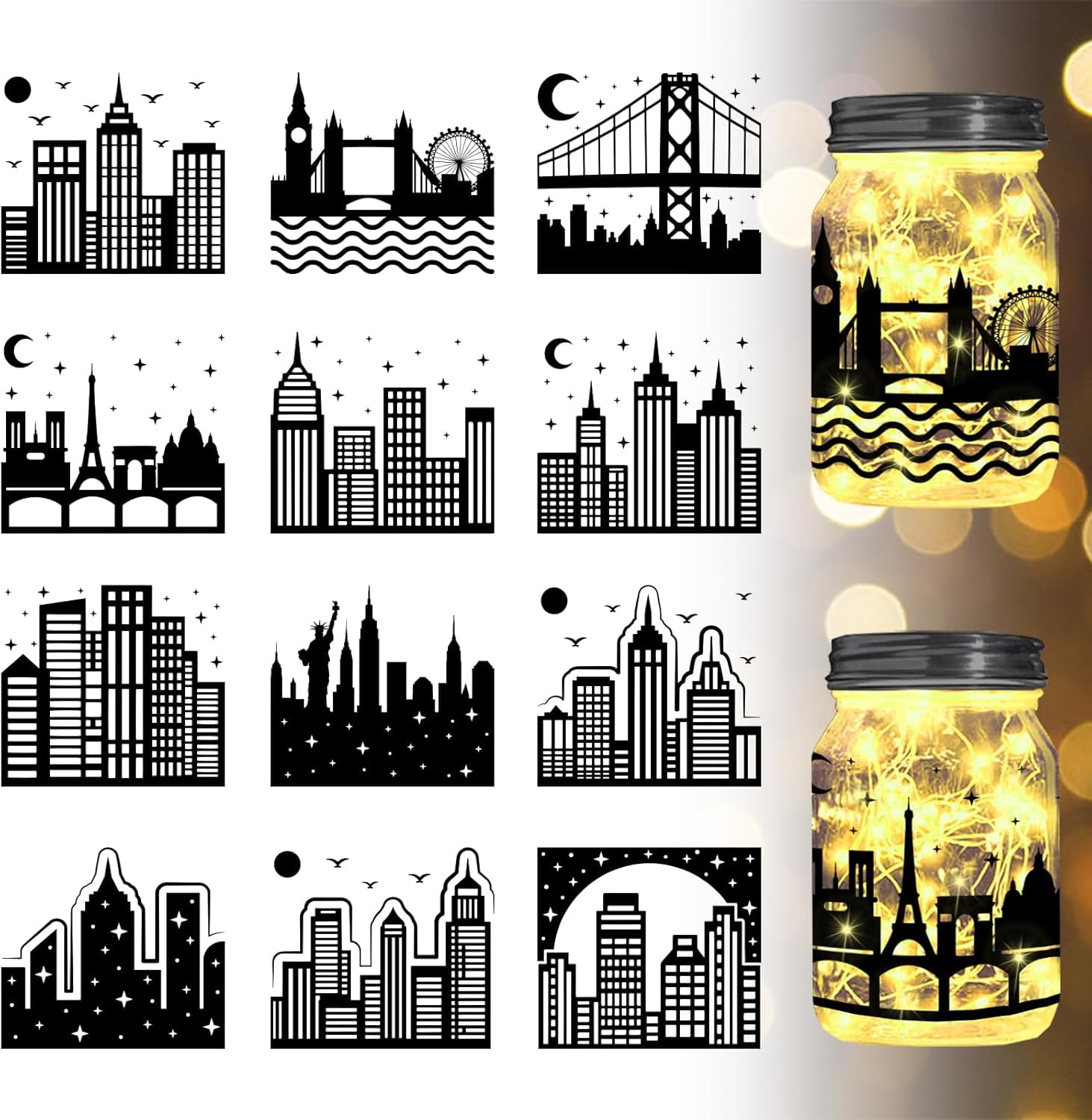 1Set 12Pcs City Skyline Silhouette Jar Cutouts City Scenery Plastic ...