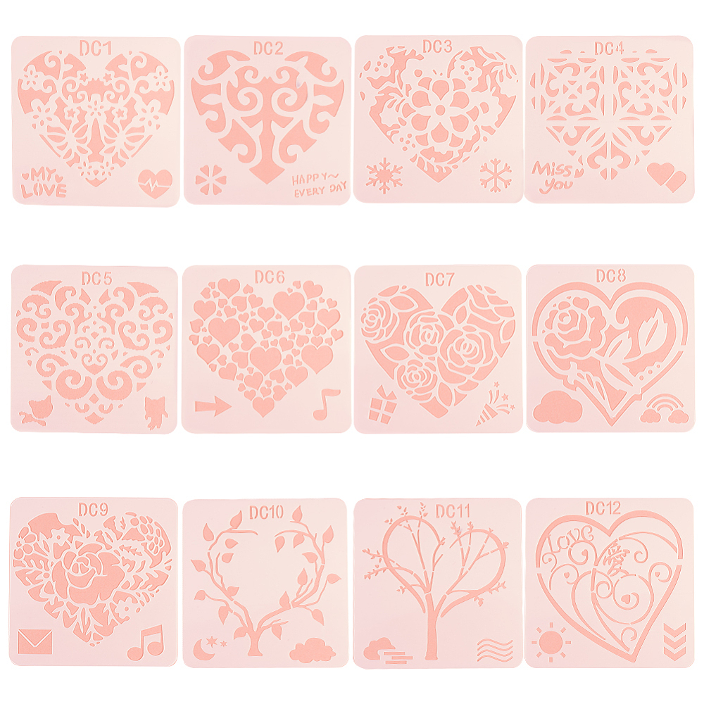 1Set 12pcs Heart Painting Stencils Plastic Reusable Drawing Rectangle ...