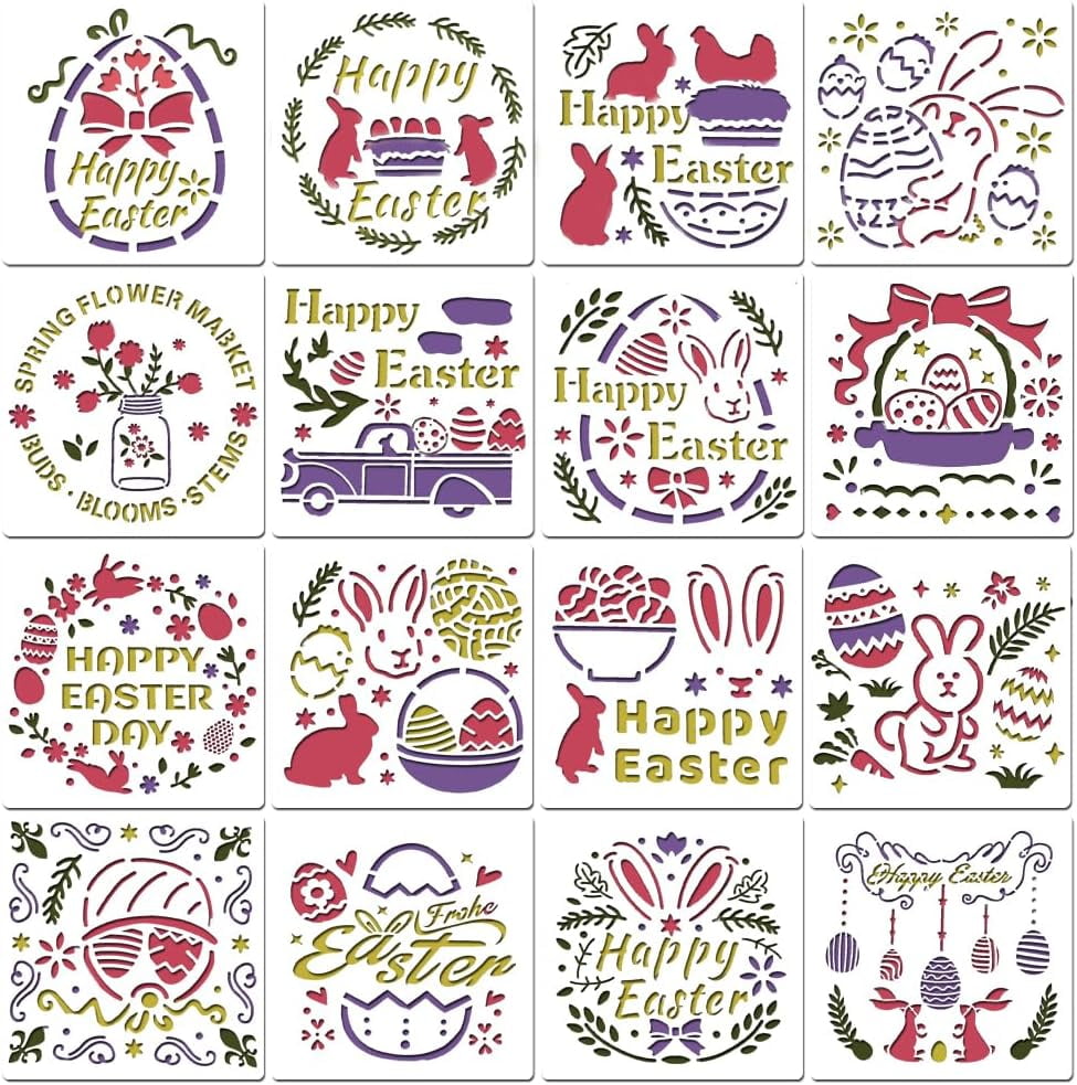 1Set 16Pcs Happy Easter Stencils 13x13cm Easter Eggs Rabbit Template Bunny Hens Spring Theme ...