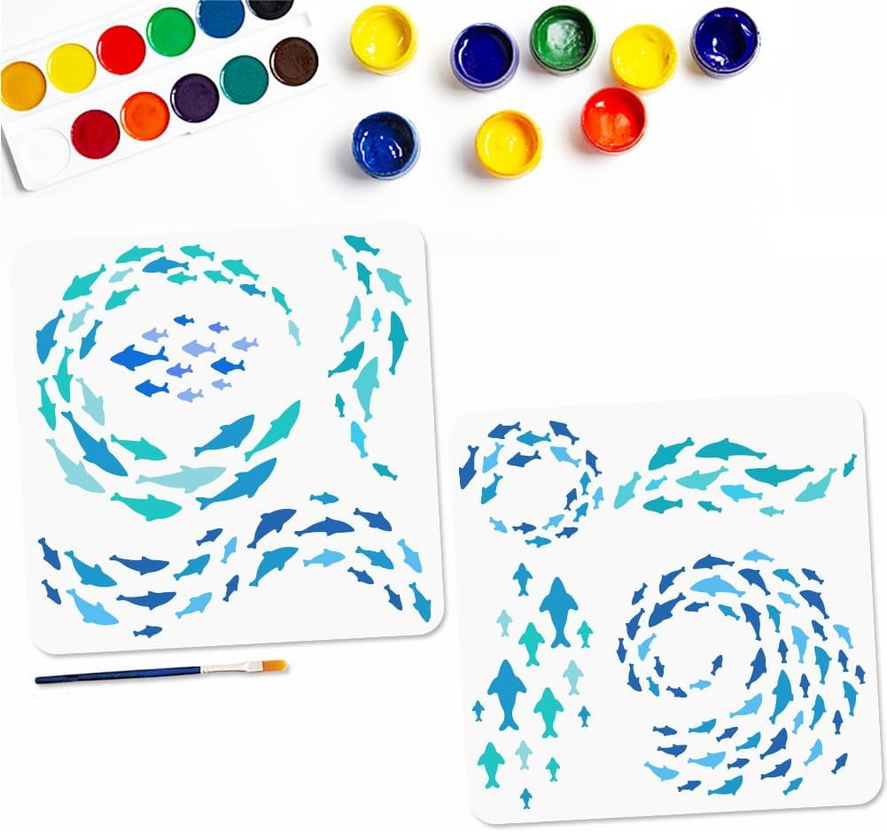 1Set 2 Pcs Fish Stencils School of Fish Stencil with Paint Brush 11.8× ...