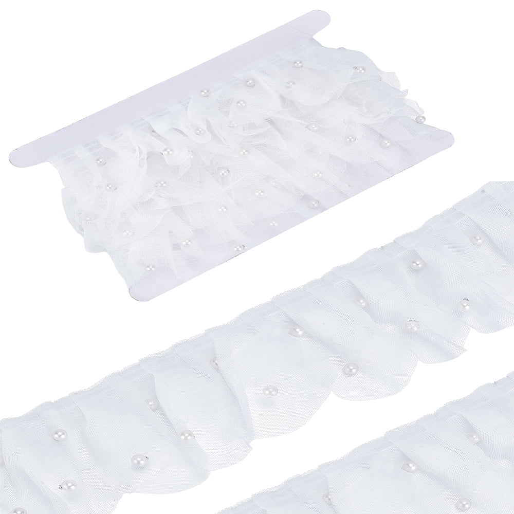 1Set 2 Yards 3-Layer Organza Ribbon with Plastic Pearl Beads White 2-1/ ...