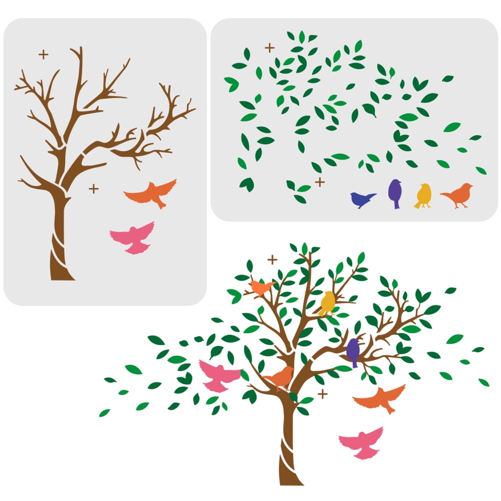 1Set 2 pcs Layered Tree Stencil 29.7x21cm Reusable Tree Stencil Flying ...