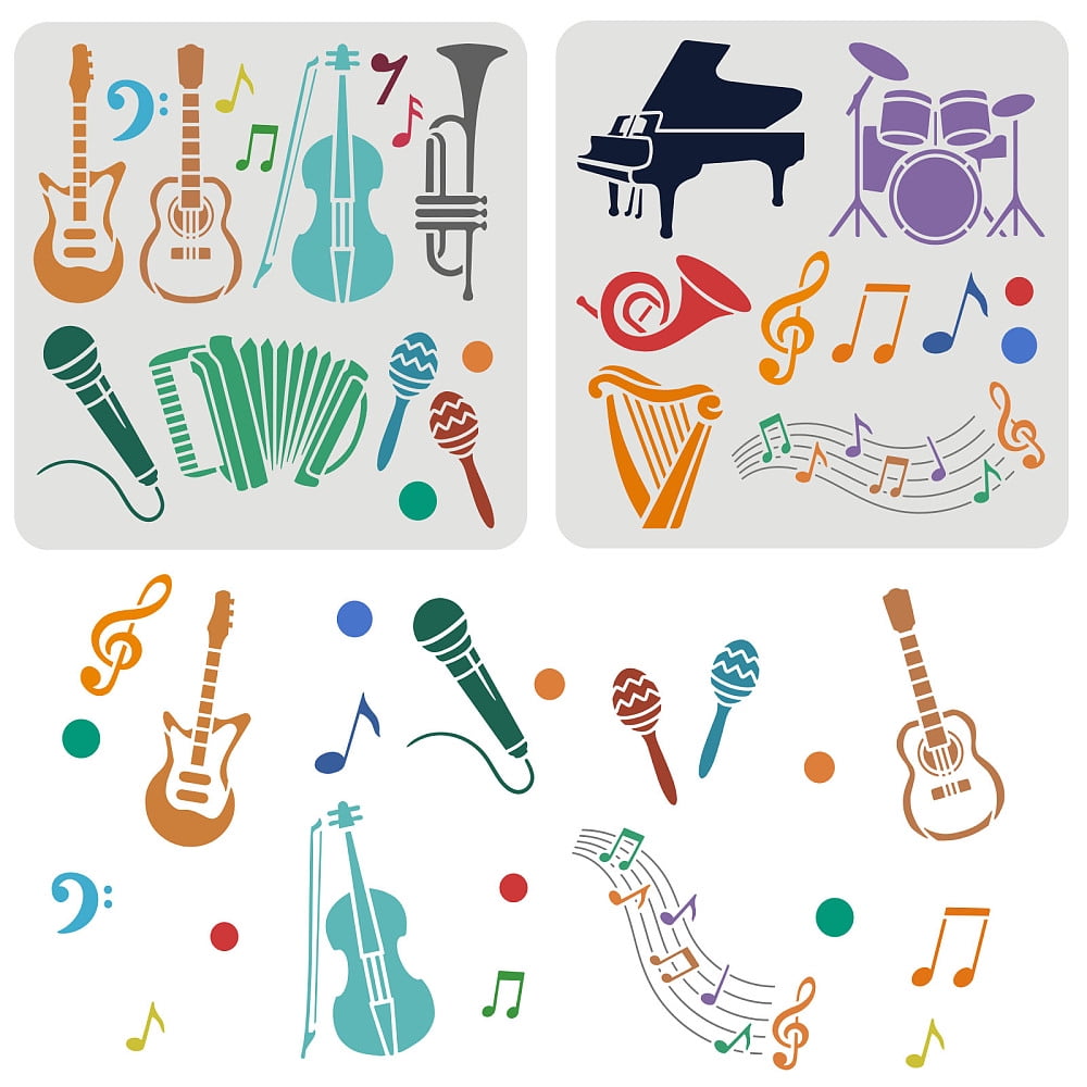 1Set 2 pcs Musical Instruments Stencil 30x30cm Reusable Music Drawing ...
