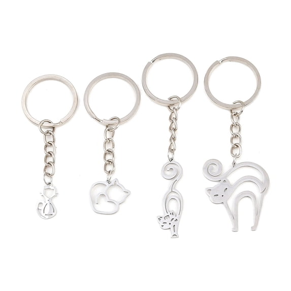 1Set 201 Stainless Steel Cat Keychains with Iron Split Key Rings ...