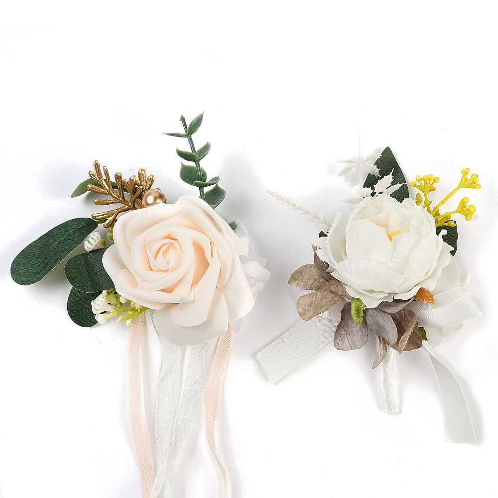 1Set 2Pcs 2 Style Silk Cloth Rose Flower Boutonniere Brooch & Wrist ...