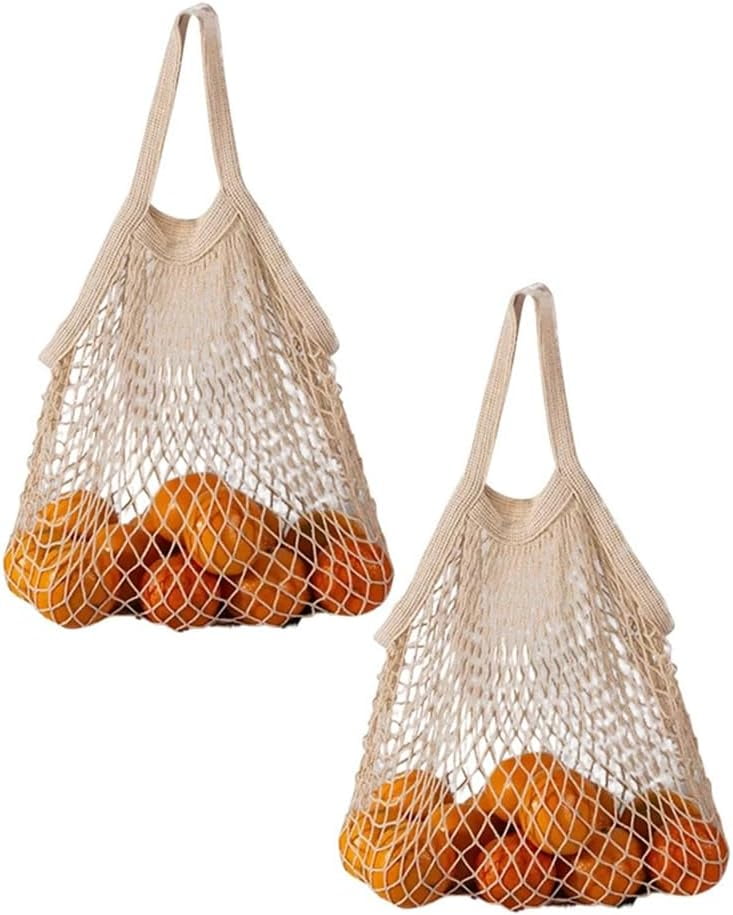 1Set 2Pcs Cotton Woven Mesh Handle Tote Bag Portable Reusable Grocery ...