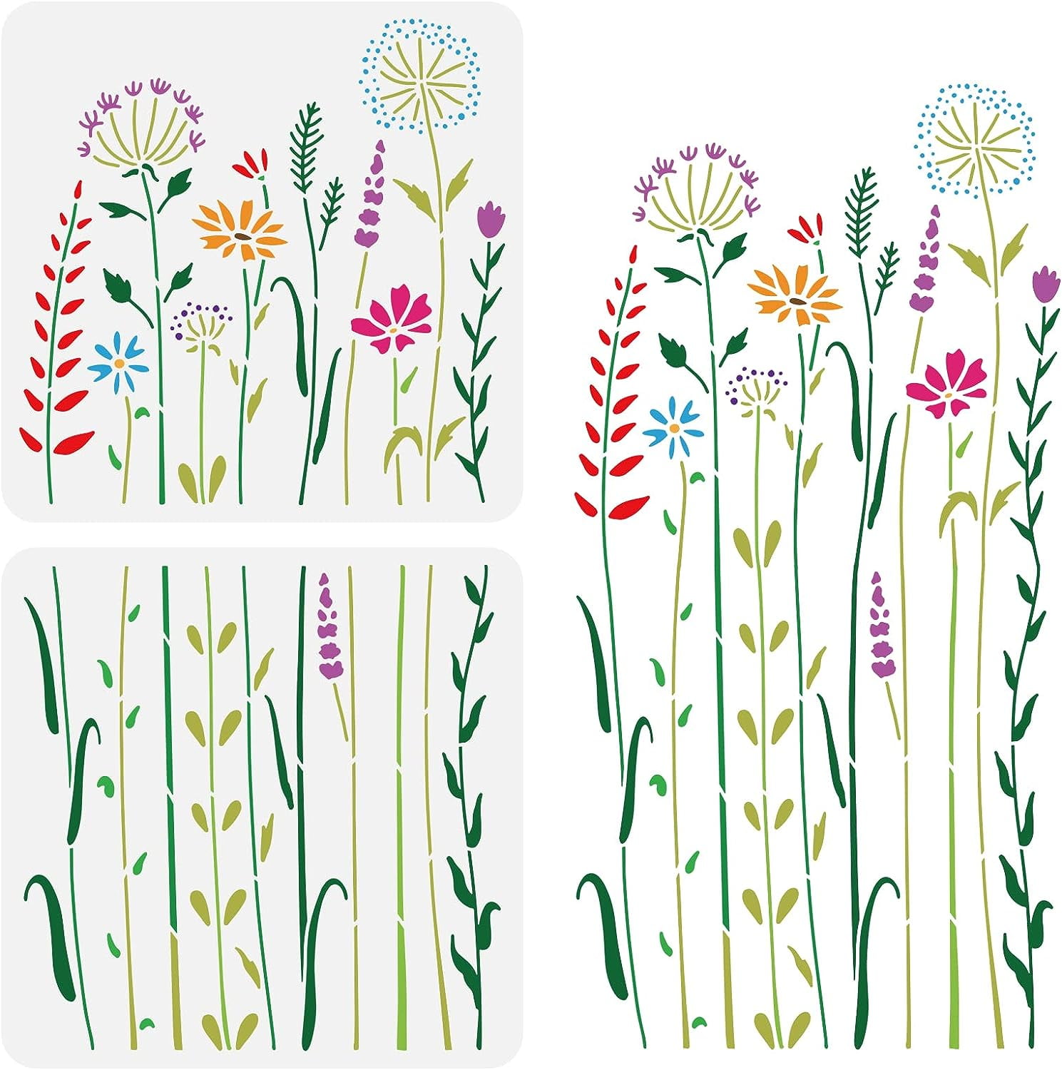 2Pcs Wildflower Stencils 12x12inch Tall Flower Weeds Tree Plants PET ...