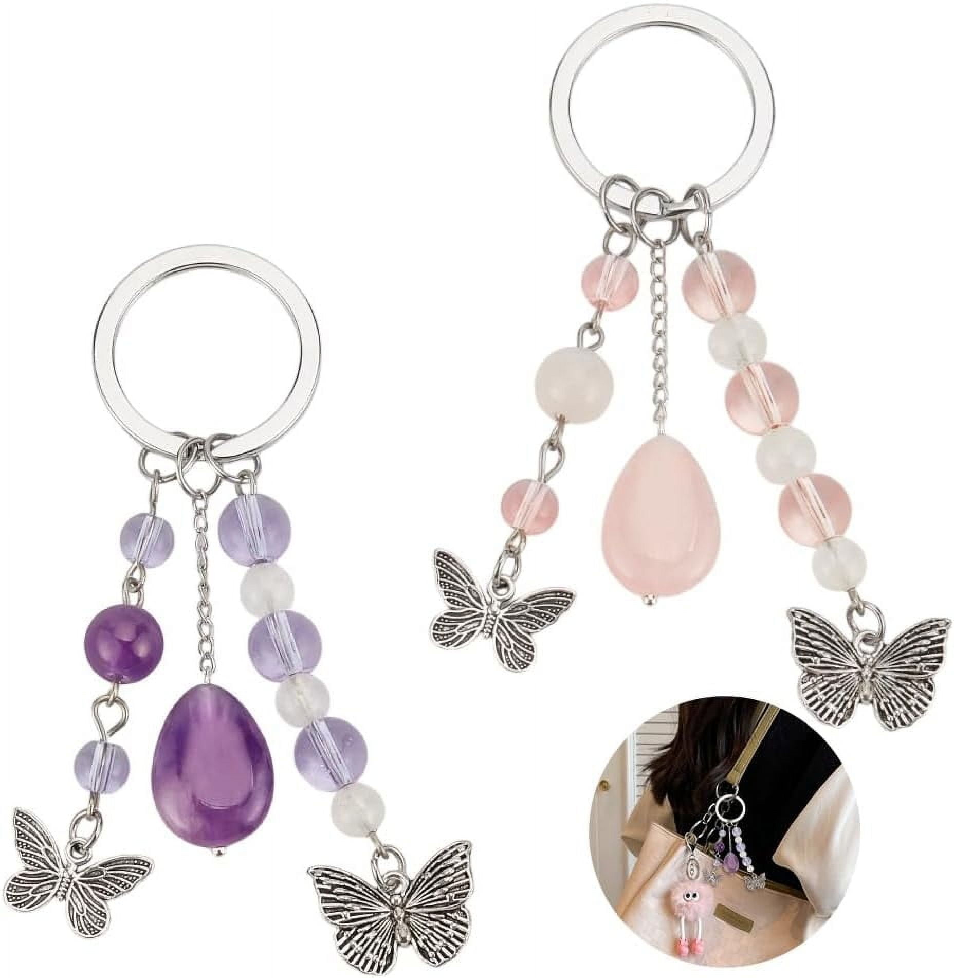 1Set 2pcs Cute Keychains Boho Key Rings Iron Rings Mixed Stones ...