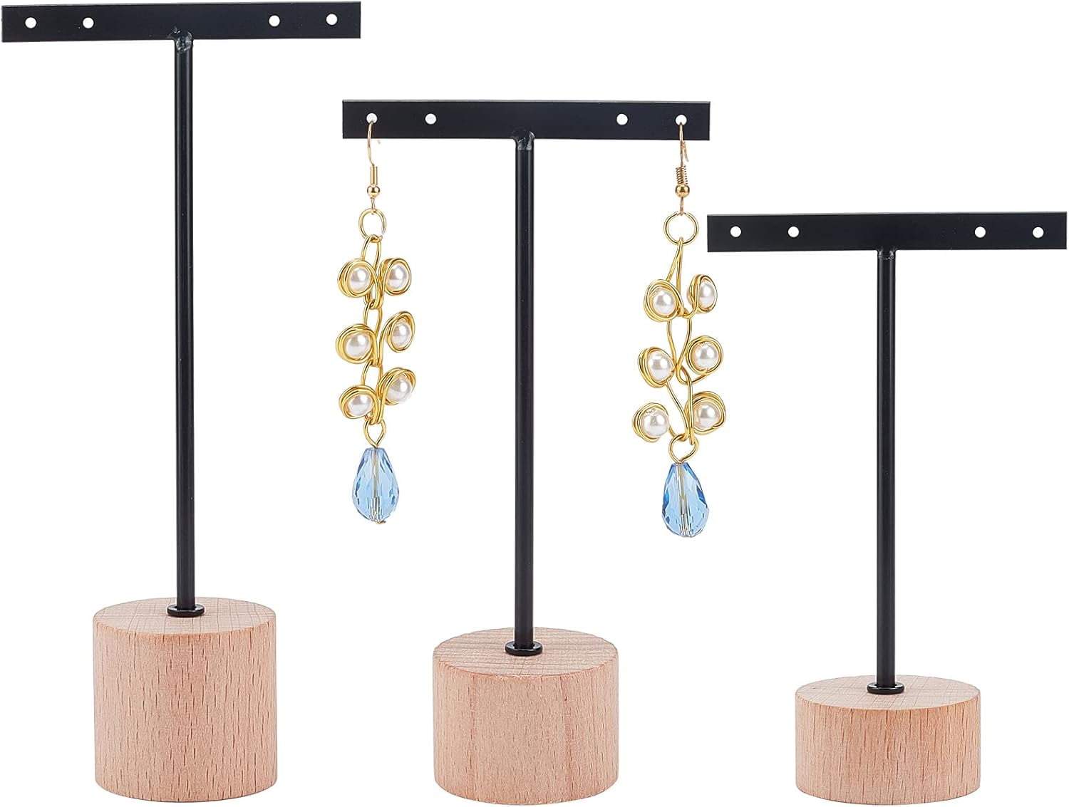 1Set 3 Pcs Black Metal T Bar Earring Display Stand with Wooden Round ...