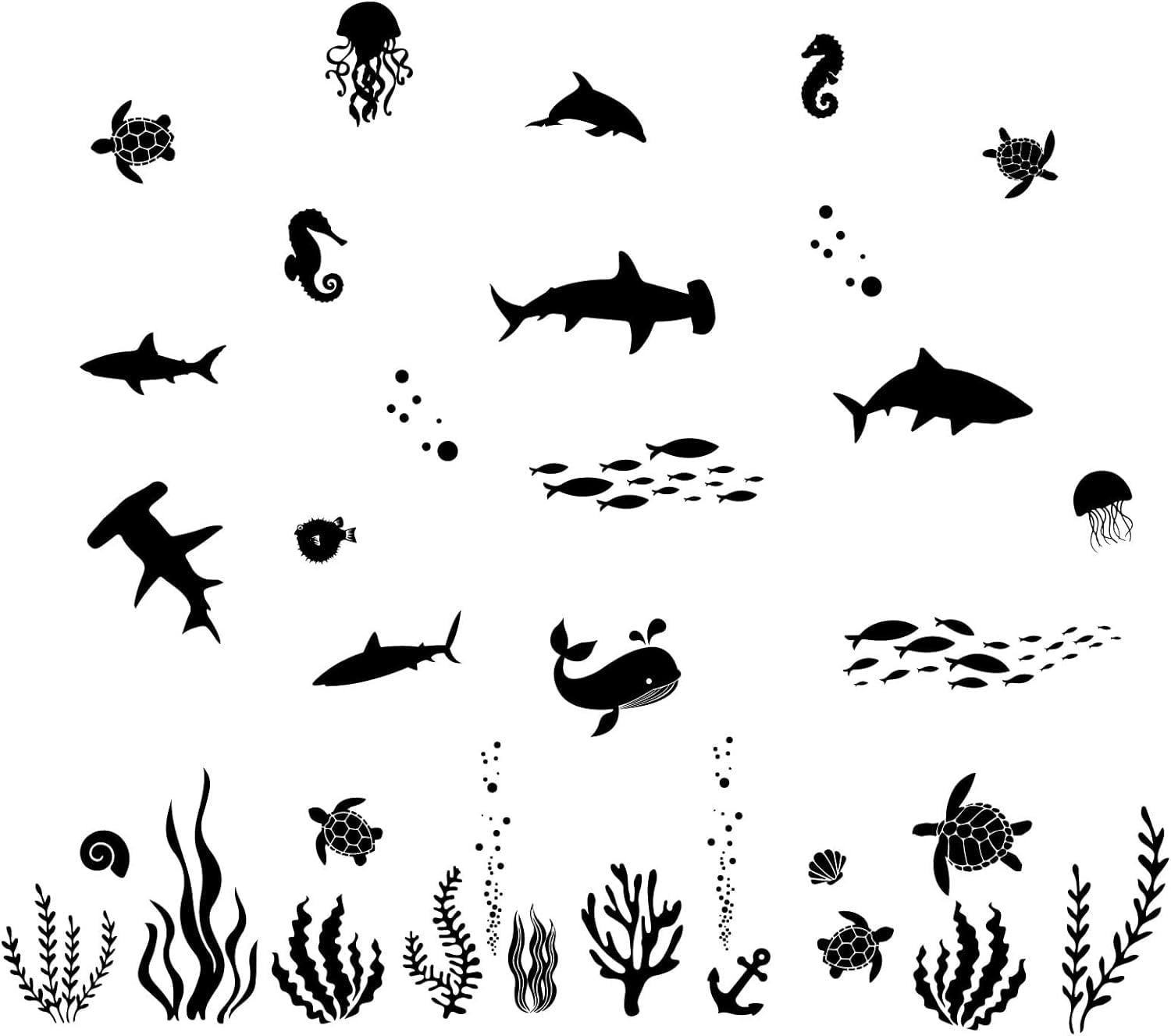 1Set 45pcs Black Sea Life Stickers Sea Animals Silhouettes Decal Shark ...