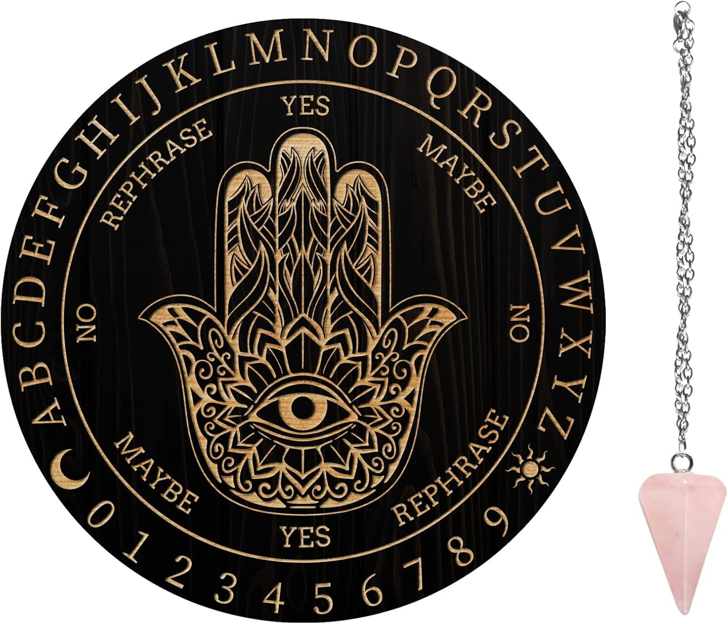 1Set 7.8" Witch Pendulum Board Wooden Dowsing Planchette with Rose Quartz Crystal Dowsing ...