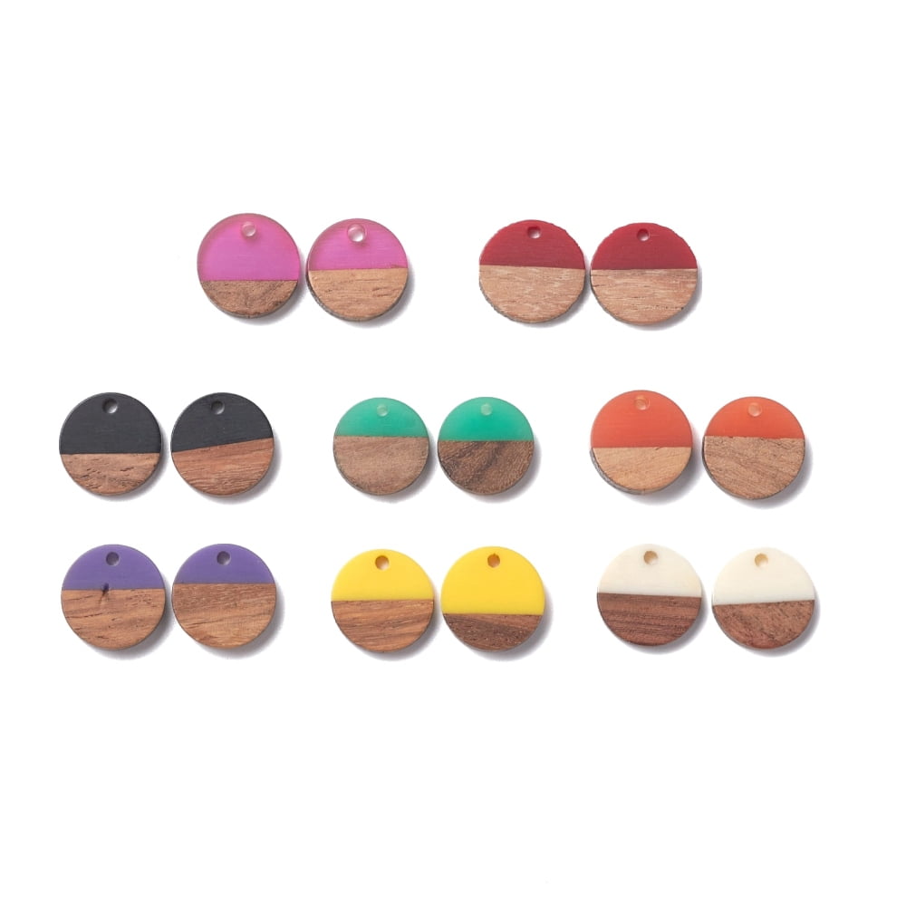 1Set 8 Colors Resin & Walnut Wood Pendants Flat Round Mixed Color 15~15 ...