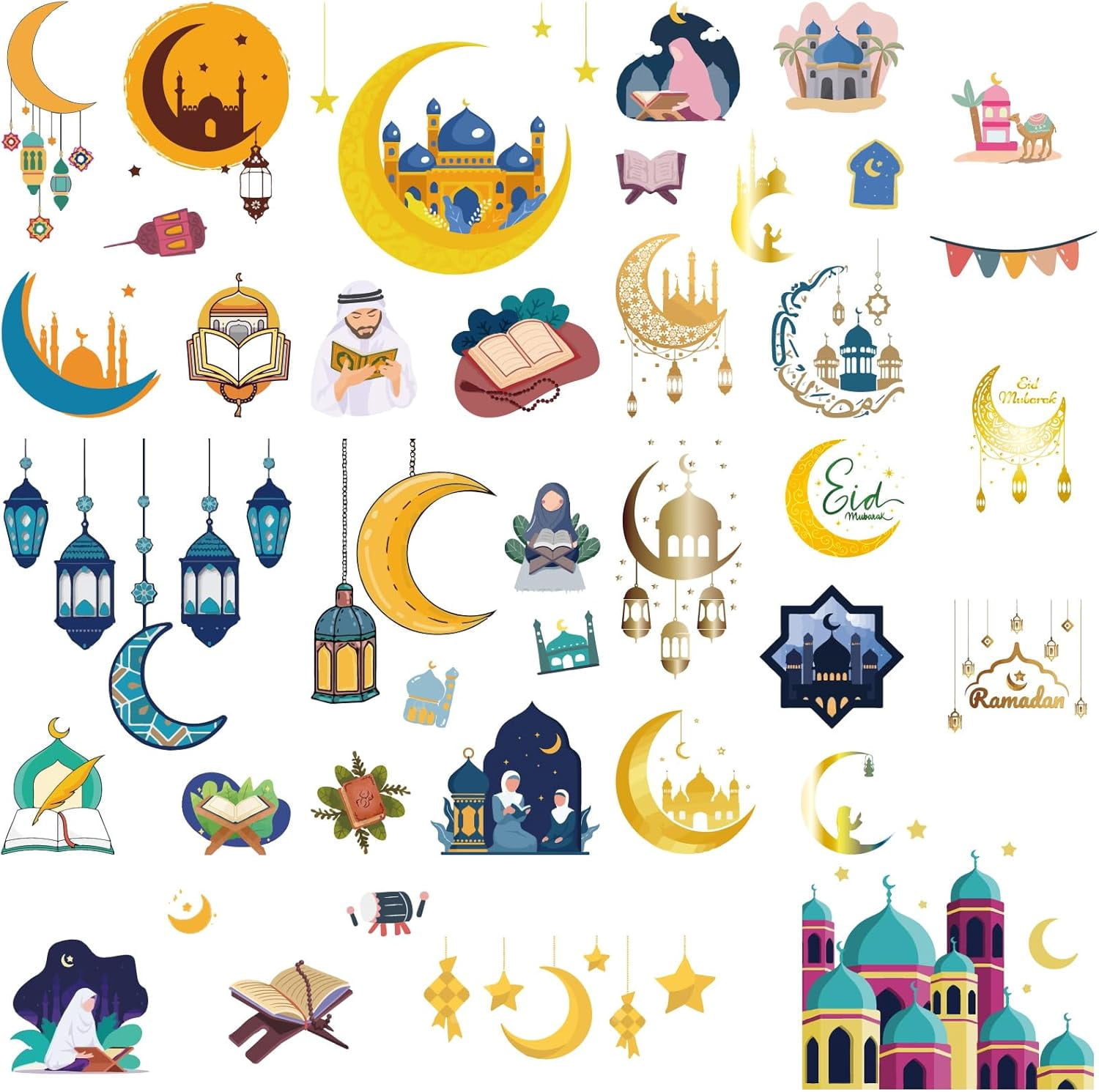 1Set 8 Sheets Eid Mubarak Wall Stickers Moon Ramadan Wall Decals Arabic ...