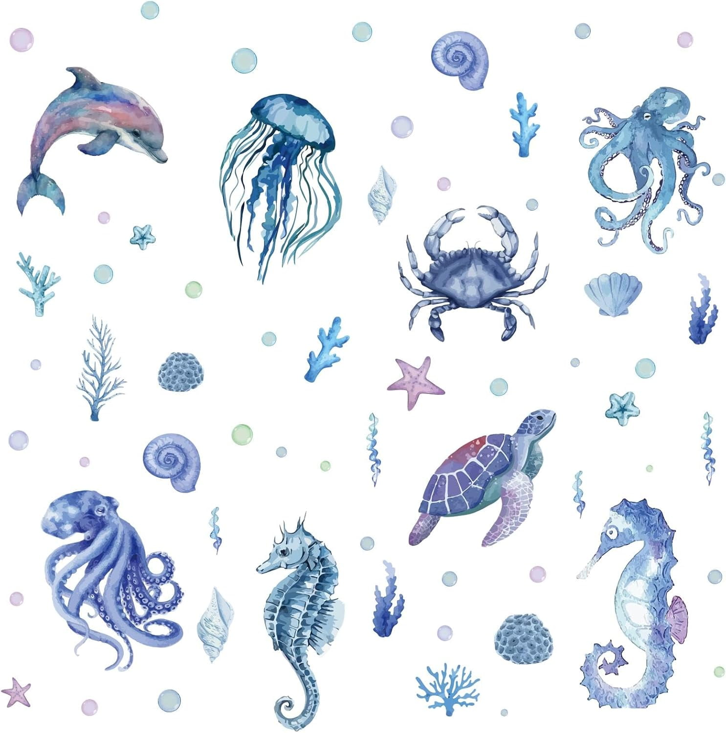 1Set 8Styles Ocean Animal Wall Stickers Turtle Jellyfish Stickers ...