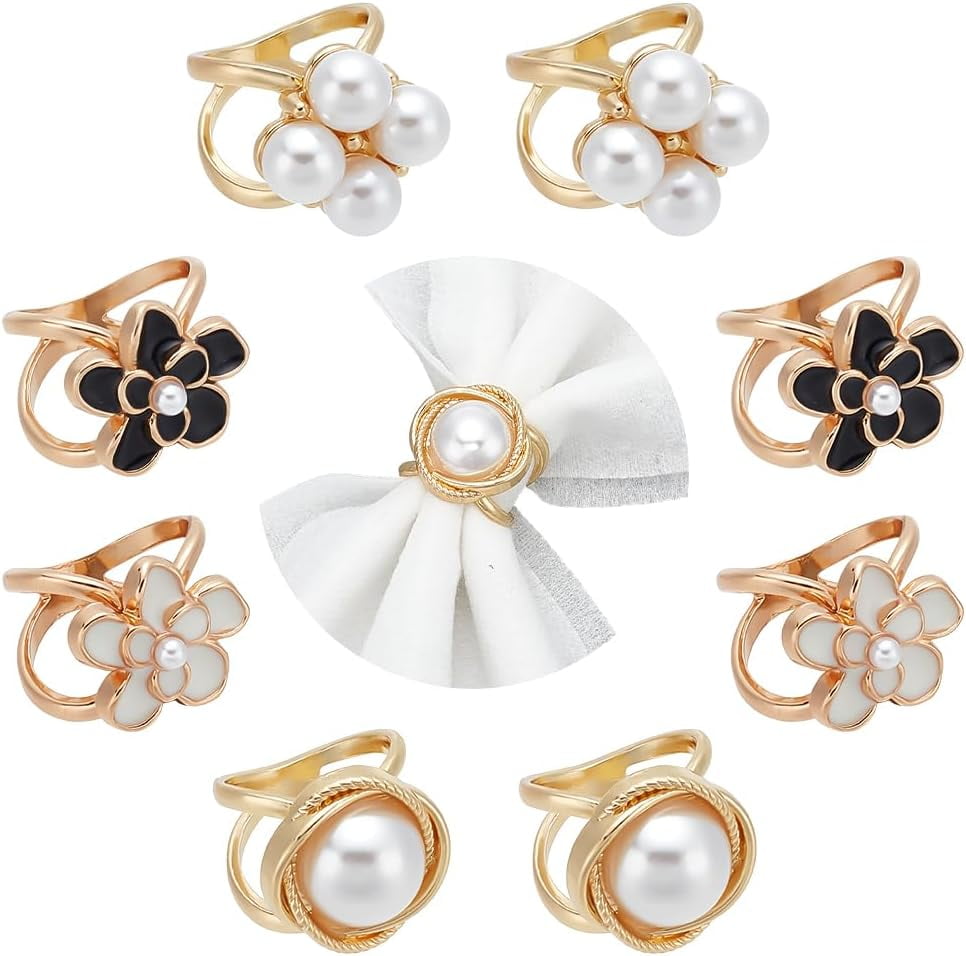 1Set 8pcs Scarf Buckle Rings 4Styles Pearl Floral Scarf Ring Clip Metal ...