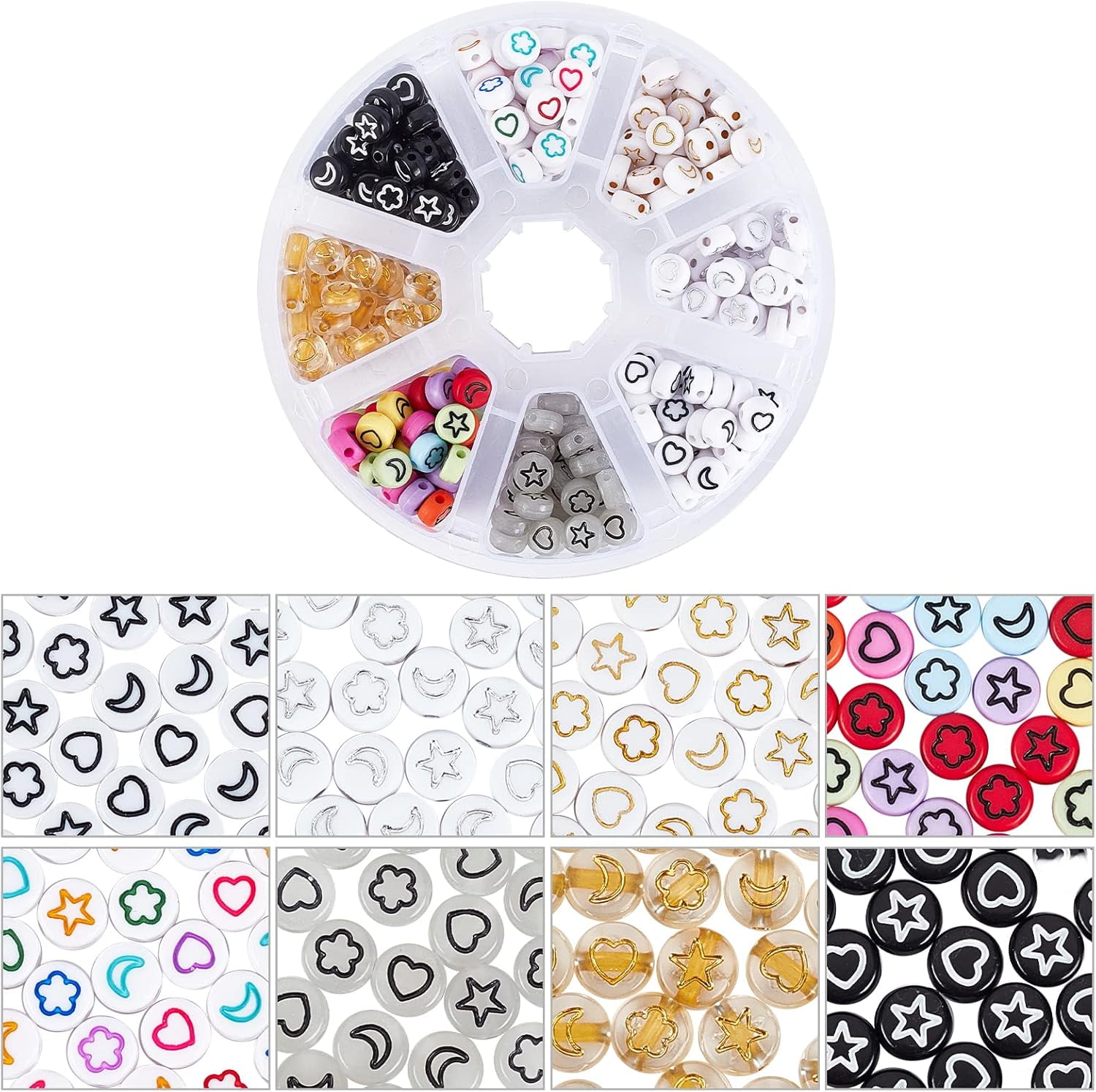 1Set Luminous Acrylic Beads Flat Round with Star & Flower & Moon ...