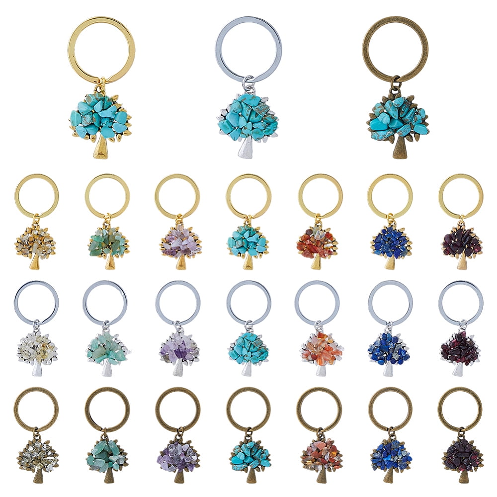 1Set Natural & Gemstone Keychain with Alloy Rings with Tree of Life ...