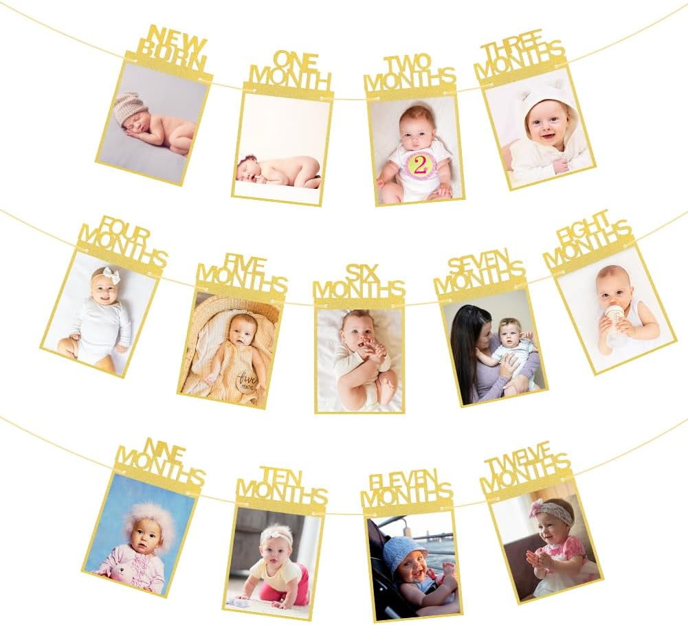 1Set Paper Flag Banners 12 Months Photo Banner for Birthday Party Gold ...