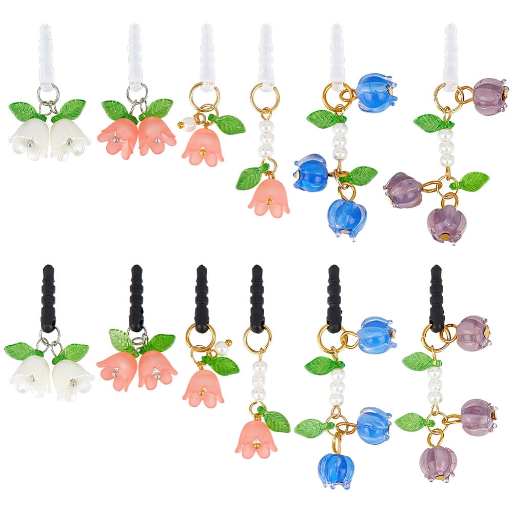 1Set Plastic Mobile Anti-Dust Plugs with Plastic Flower Pendants Mixed ...