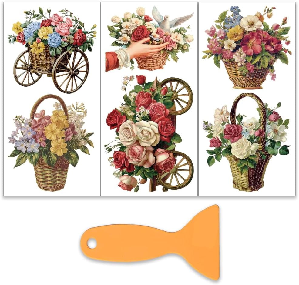 1Sets 3pcs/Set Flower Basket Rub on Transfers for Furniture and Crafts ...
