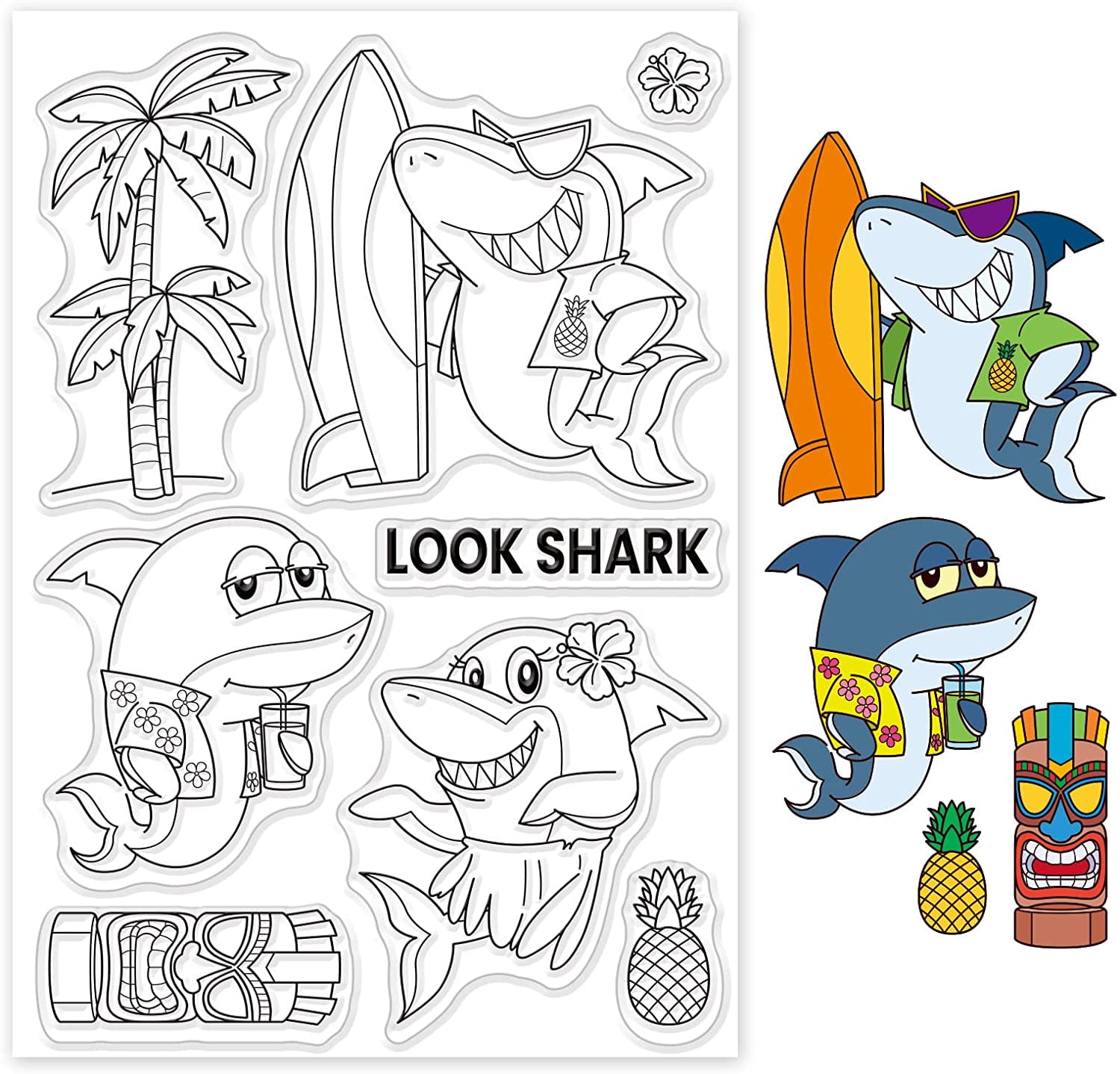 1Sheet Hawaiian Shark Clear Stamp Coconut Trees Transparent Silicone ...