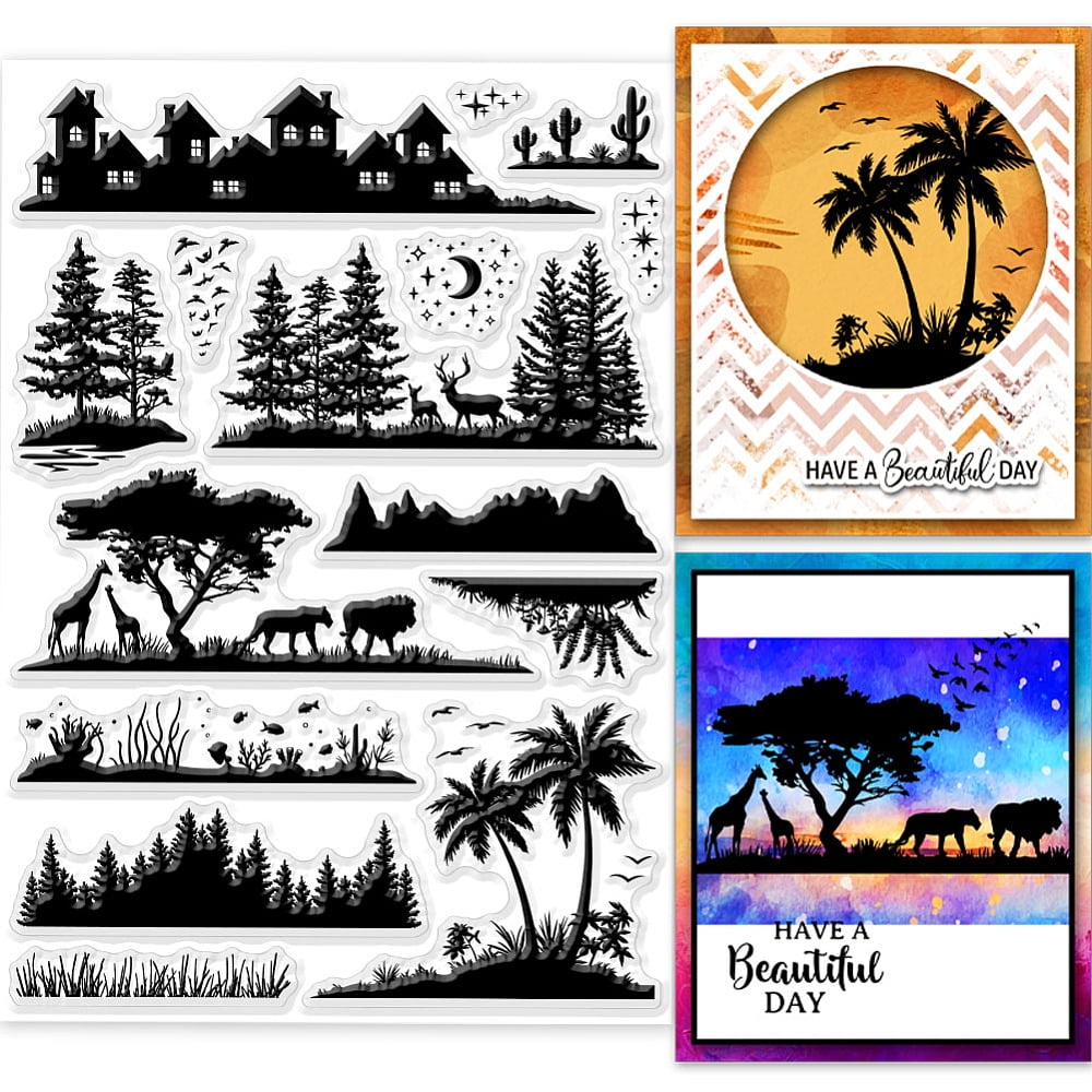 1Sheet Landscape Silhouette Clear Stamps for Cards Making Scenery and ...