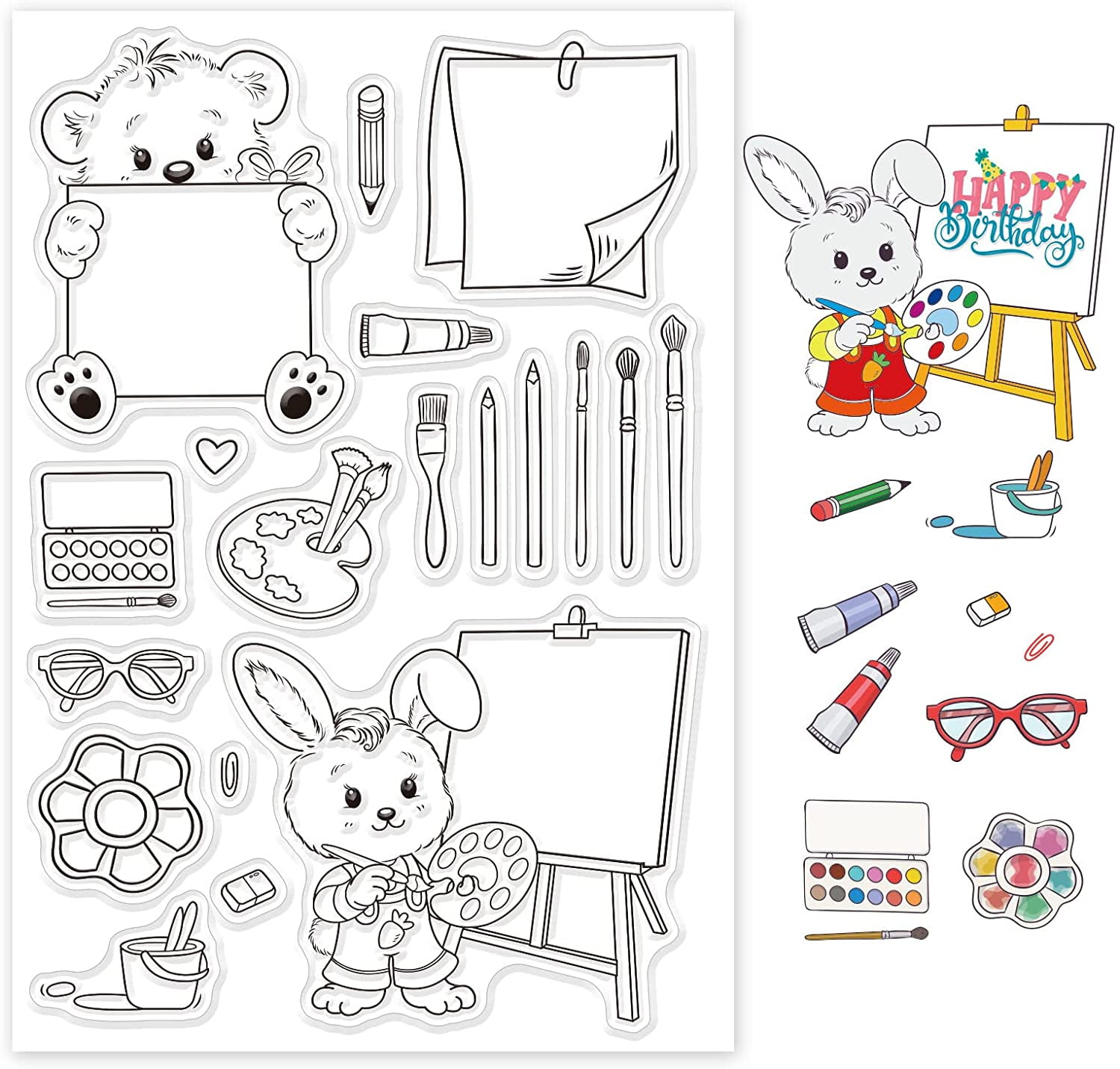 1Sheet Lovely Animal Artist Silicone Clear Stamps Painting Rabbit Bear ...