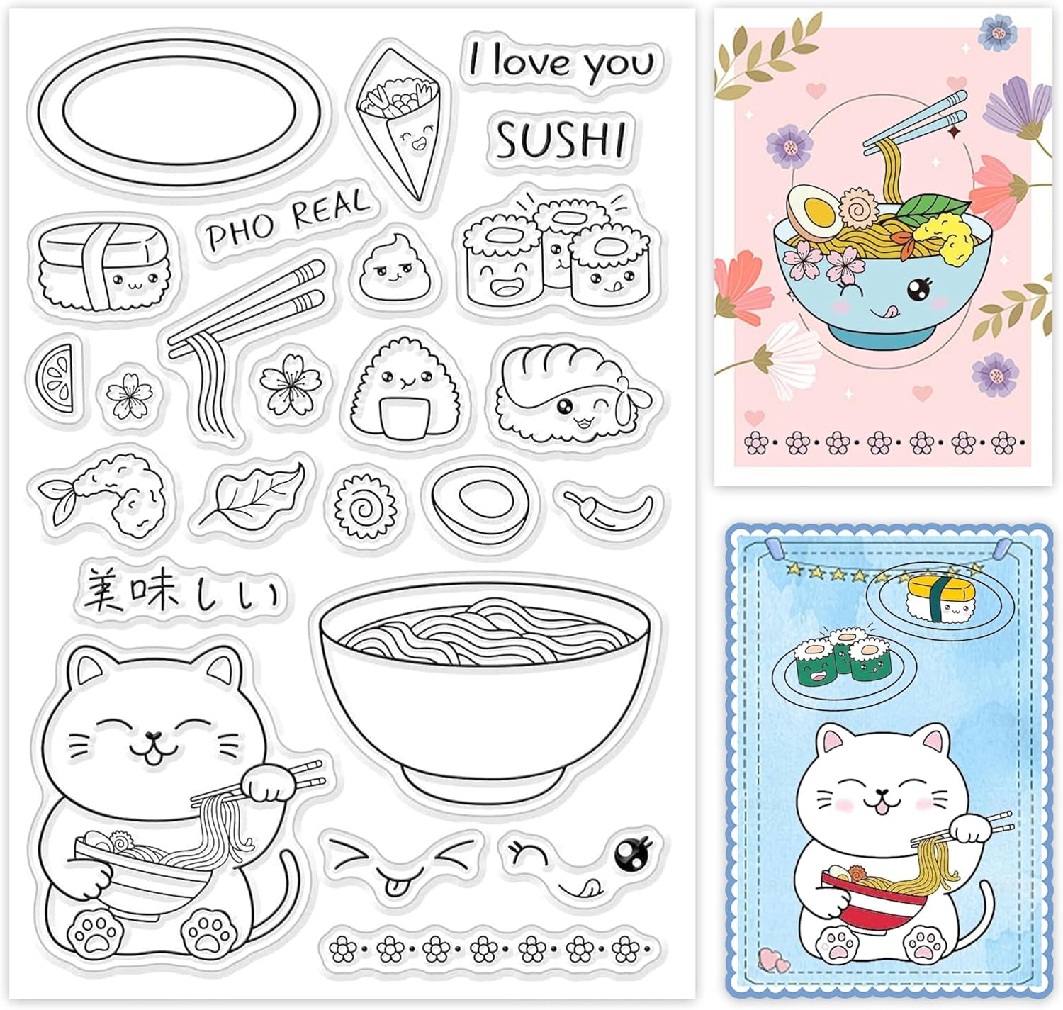 1Sheet Lucky Cat and Japanese Food Clear Stamp Ramen and Sushi ...