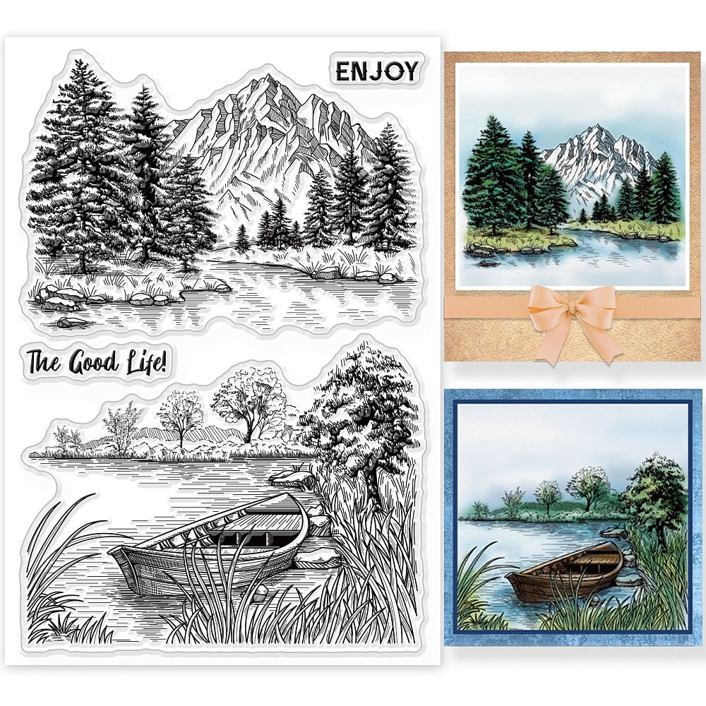 1Sheet Mountains Forest Background Clear Stamps Tree River Lake Boat ...