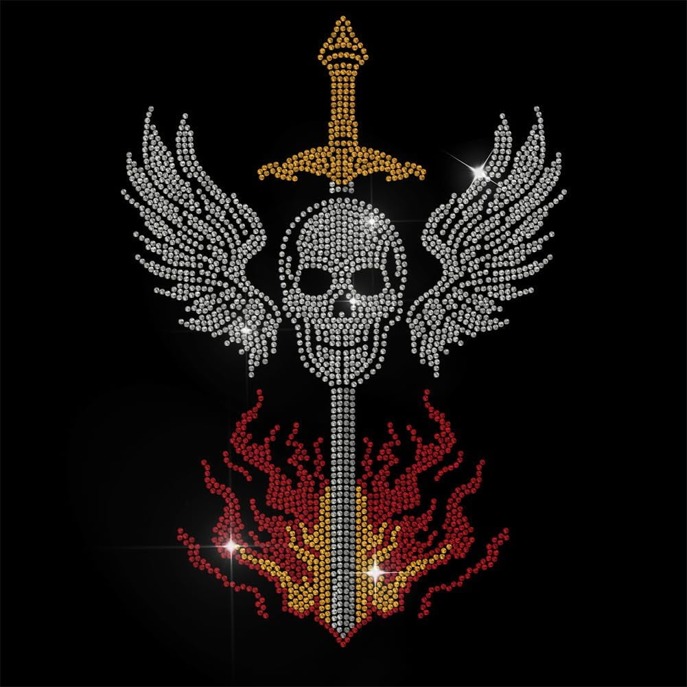 1Sheet Skeleton Sword Rhinestone Iron-On Transfer Decal Wings Flames ...