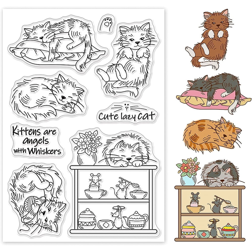 1Sheet Sleeping Cat Pattern Clear Stamp Vase Lazy Cat and Greedy Mouse ...