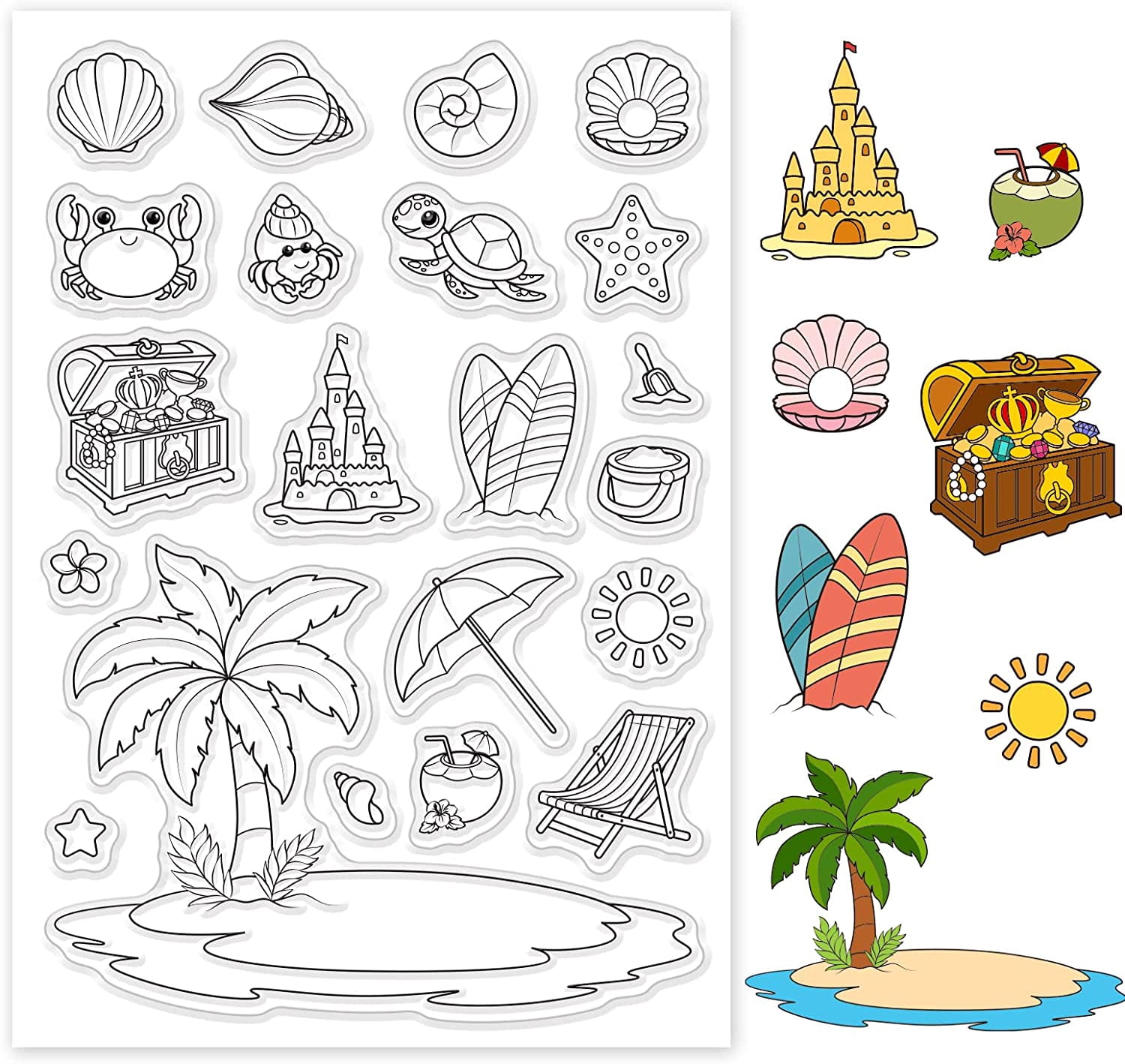 1Sheet Summer Vacation and Lovely Island Shell Clear Stamp Beach and ...