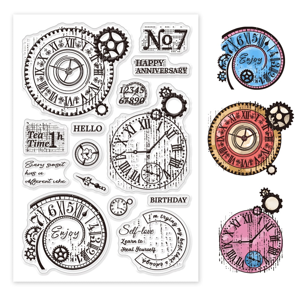 1Sheet Vintage Gear Clock Clear Stamps Clock Time Silicone Clear Stamp ...