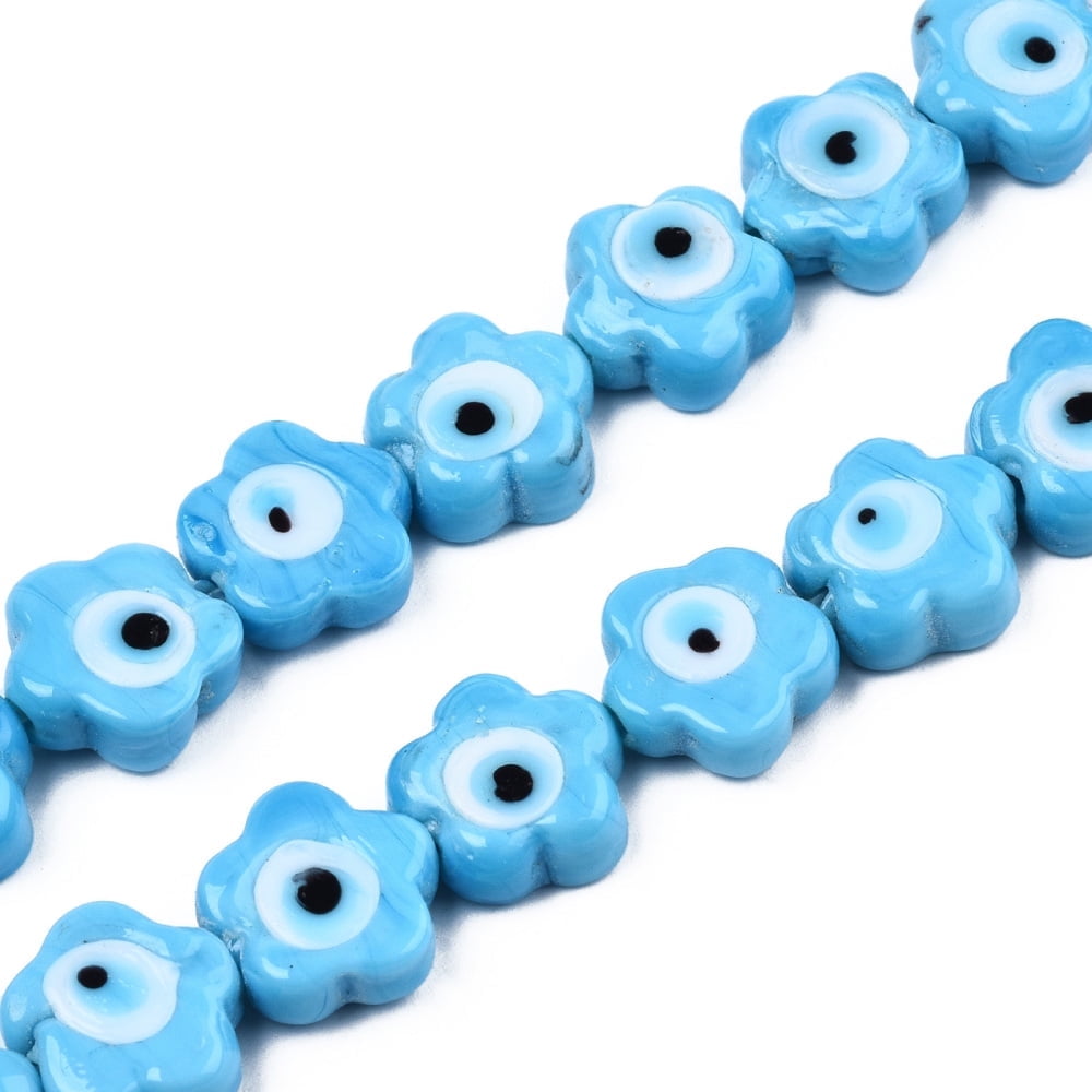 1Strand Handmade Evil Eye Lampwork Beads Strands Flower Deep Sky Blue ...