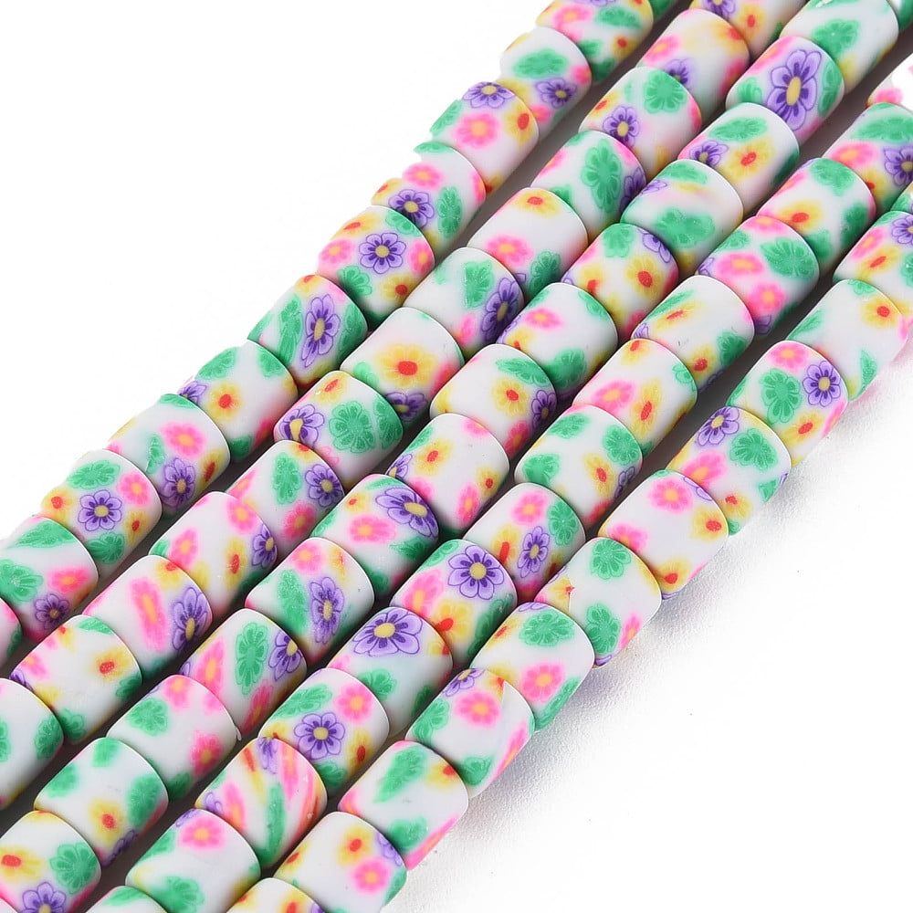1Strand Handmade Polymer Clay Bead Strands Column with Flower Colorful ...
