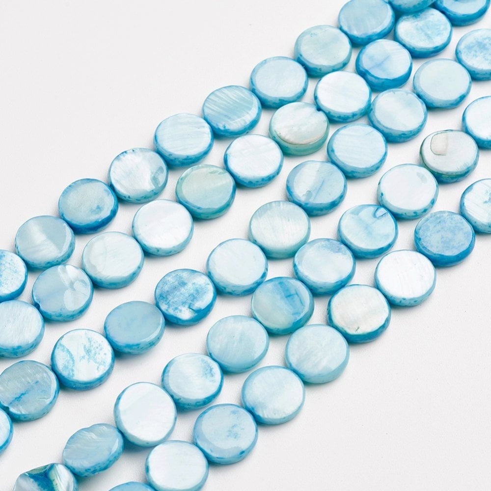 1Strand Natural Freshwater Shell Beads Flat Round Cyan Size: 10mm in ...