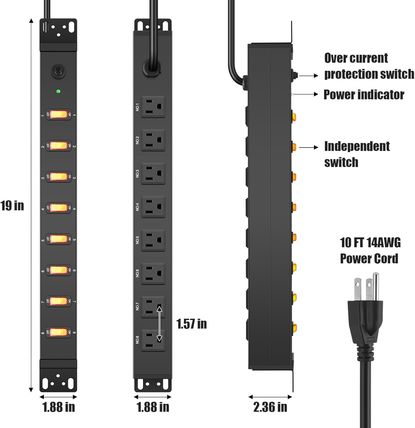 1U Rack Mount Surge Protection, 8 Outlet PDU Power Strip, Metal ...