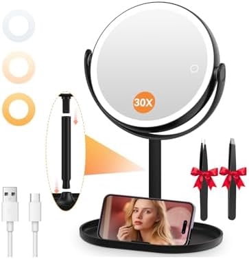 1X/30X Magnifying Makeup Mirror with Lights, Rechargeable Double Sided ...