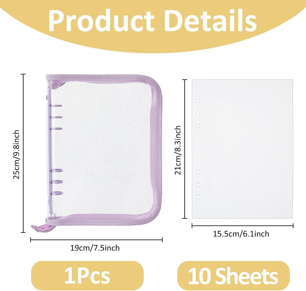 1bag 1pc A5 Glitter PVC Plastic 6-Ring Loose Leaf Zipper Book Covers 1 set PVC Plastic Binder ...
