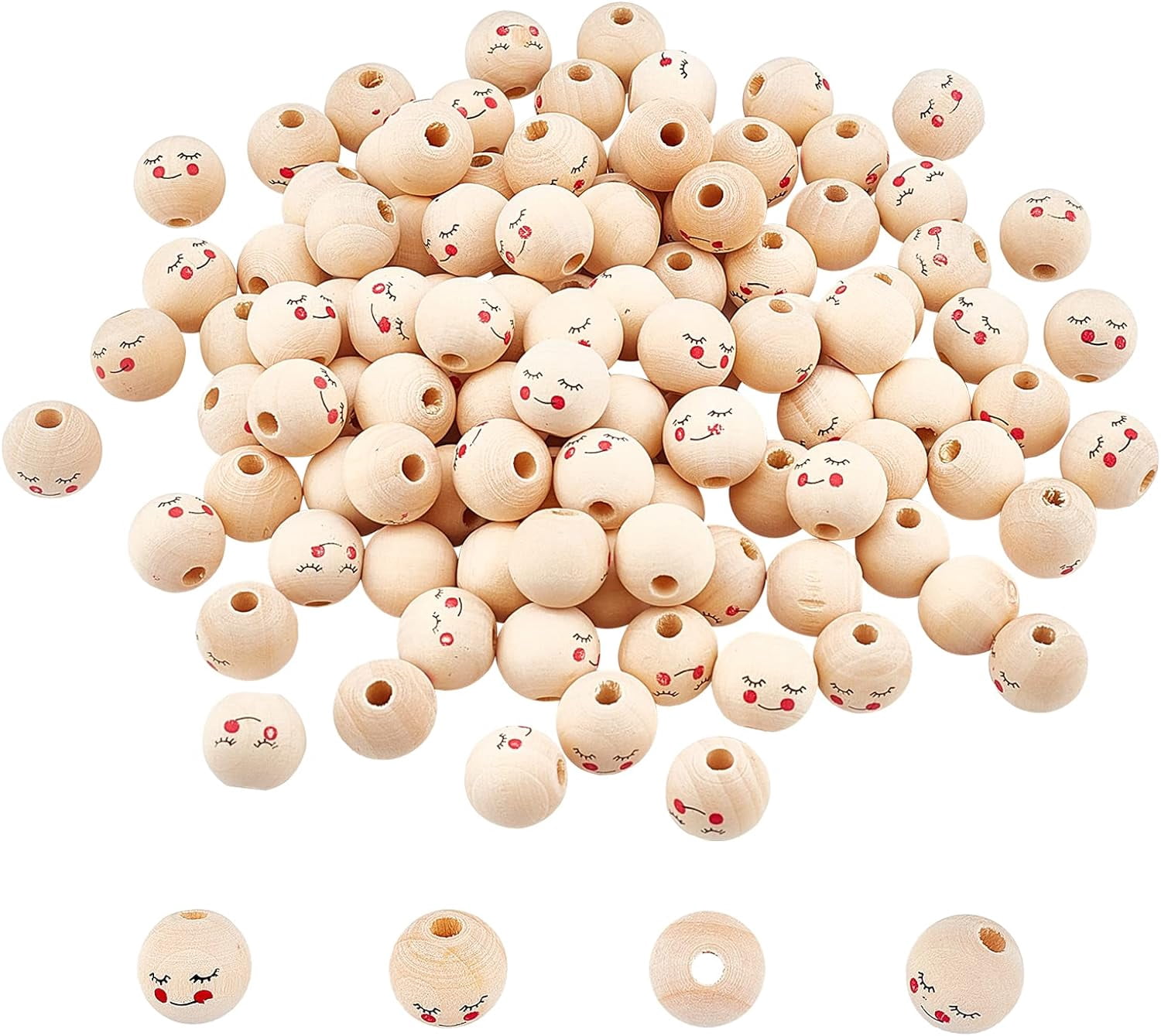 1bag 200pcs 15mm Smiley Face Wood Beads Natural Wood Beads Round Loose ...