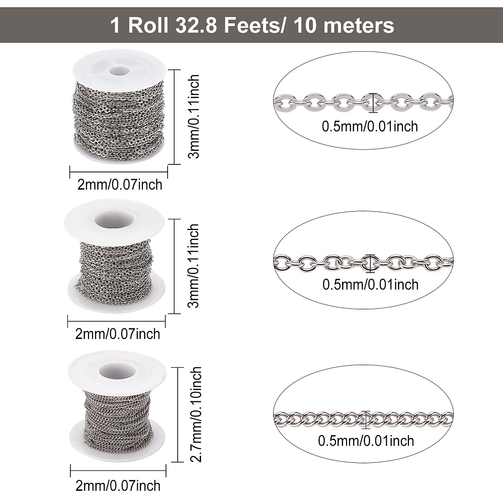1bag 30m 3 style Stainless Curb Chain Necklace Cable Chains Twisted ...