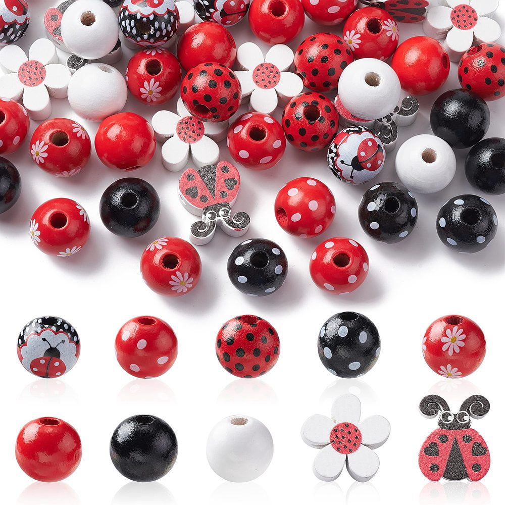 1bag 50pcs 10 styles Ladybug Theme Printed Wood Beads Wooden Spring ...