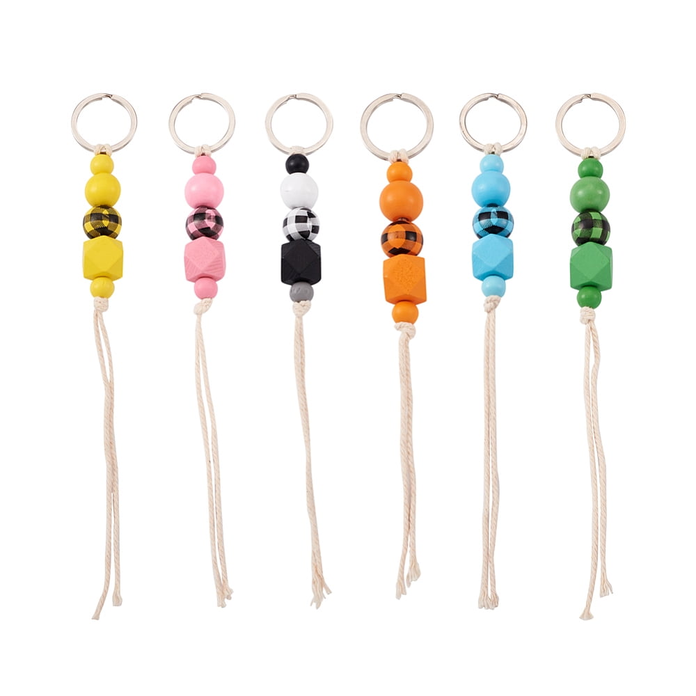 1bag Kissitty 6pcs 6 colors Schima Wood & Cord Keychain with Iron Ring ...