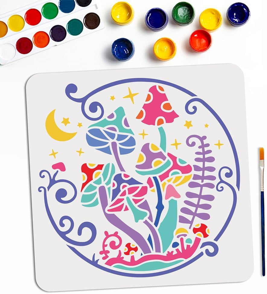 1bag Mushroom Moon Magic Stencils 11.8×11.8inch Round Mushroom Vine ...