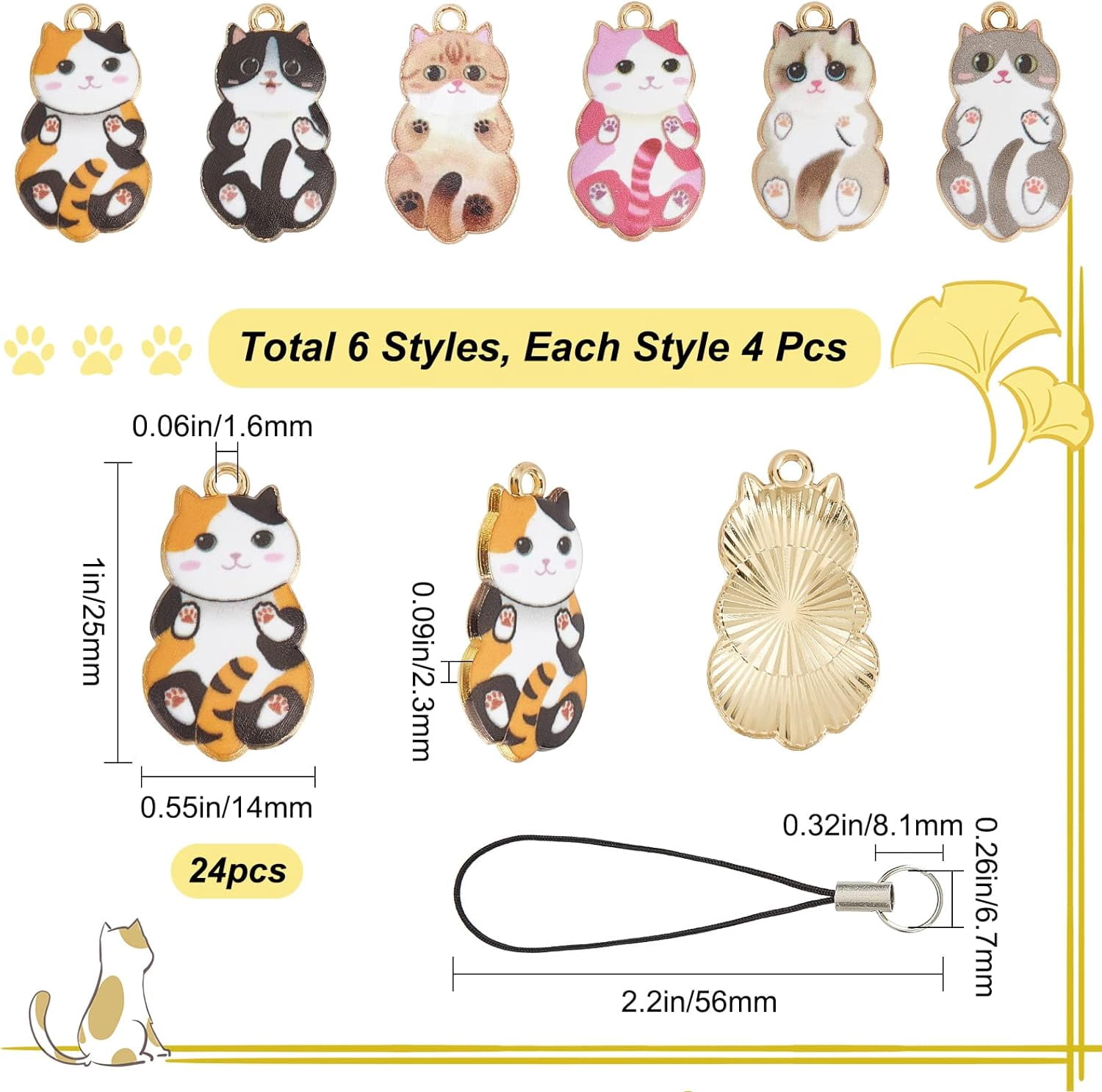 1box 1 box 24 set 6 styles Phone Strap Kawaii Cellphone Charm Cute Cat ...