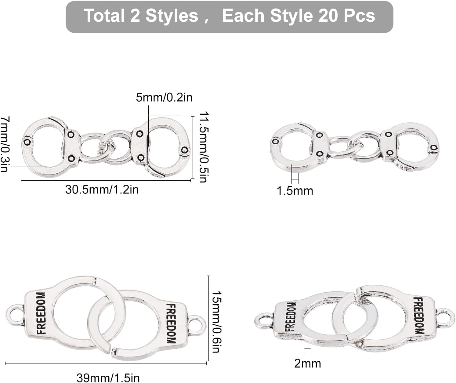1box 1 box 40pcs 2 style Antique Silver Handcuffs Freedom style Alloy ...